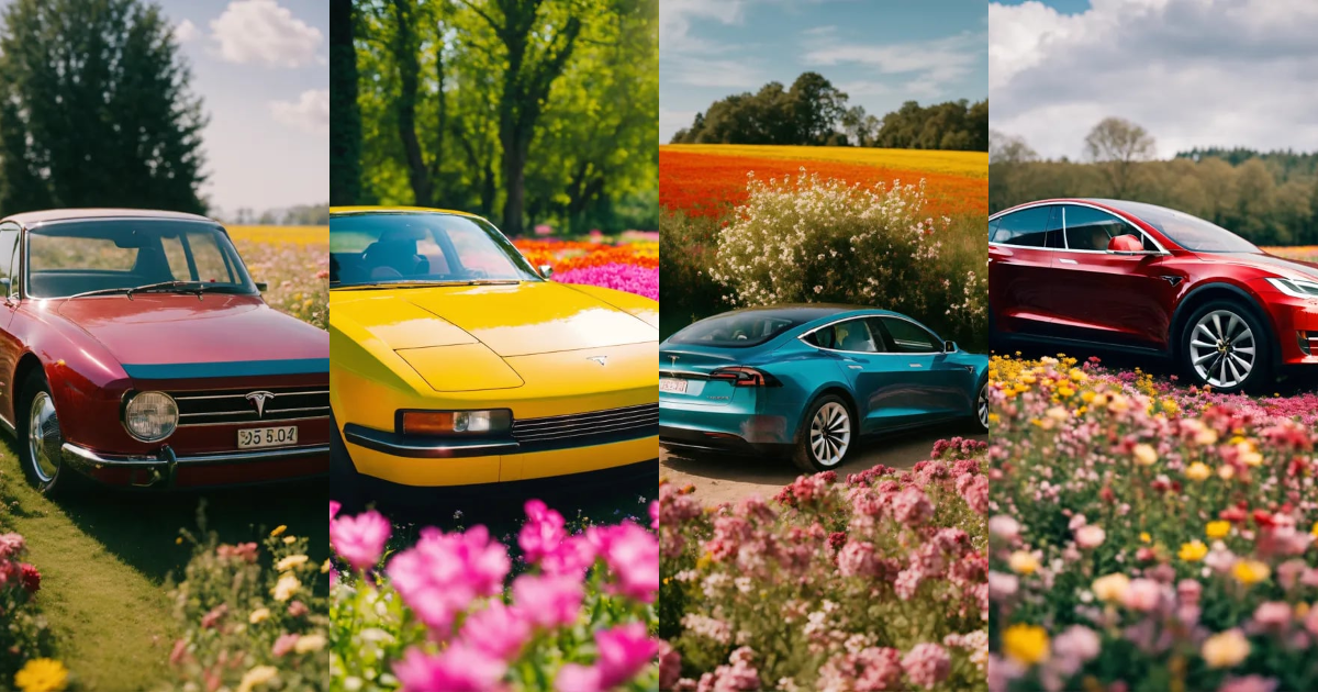 Lexica - A colourful Tesla new model, vintage appearance, wooden ...