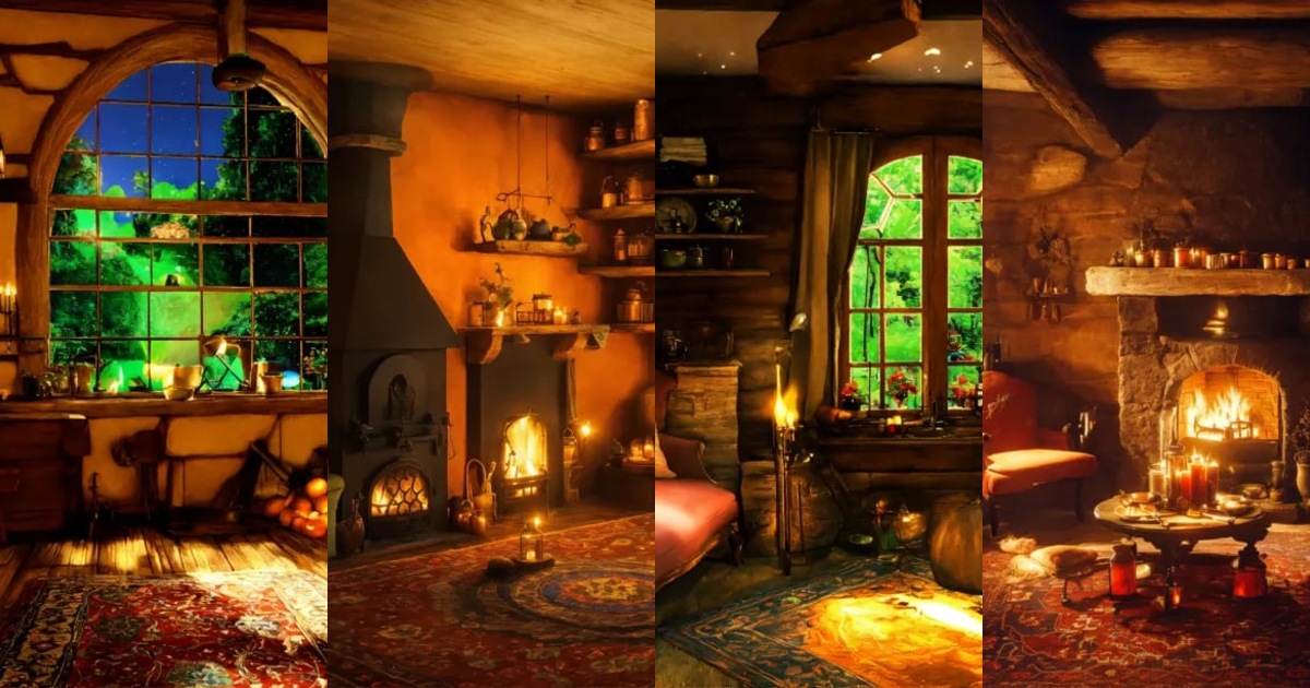 Lexica - Witches house, cottage, small kitchen, fireplace, sofa, rug ...