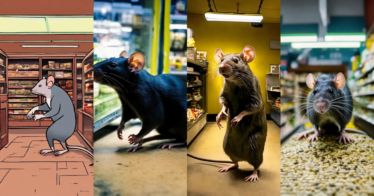 Lexica - Human like rat robbing store, security camera angle.