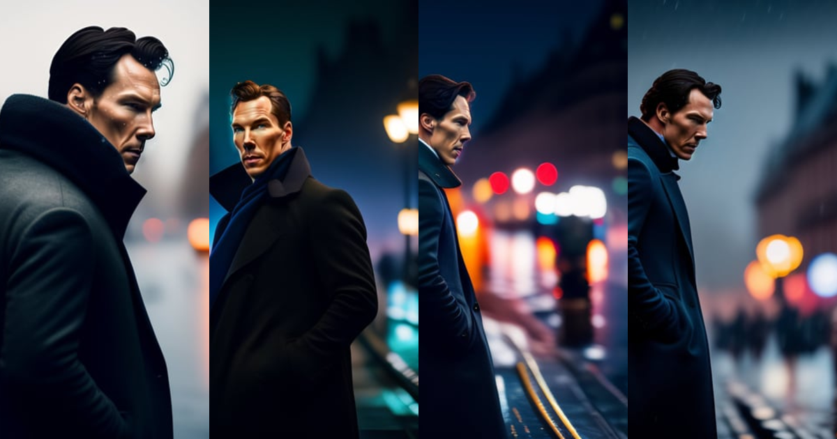 Lexica - Benedict Cumberbatch as Sherlock standing in a rain-wet street ...