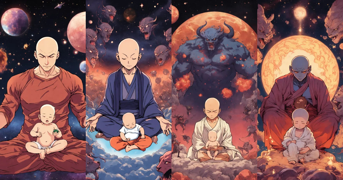 Lexica - Demons attacking, a meditating men bald Latino, with a baby ...