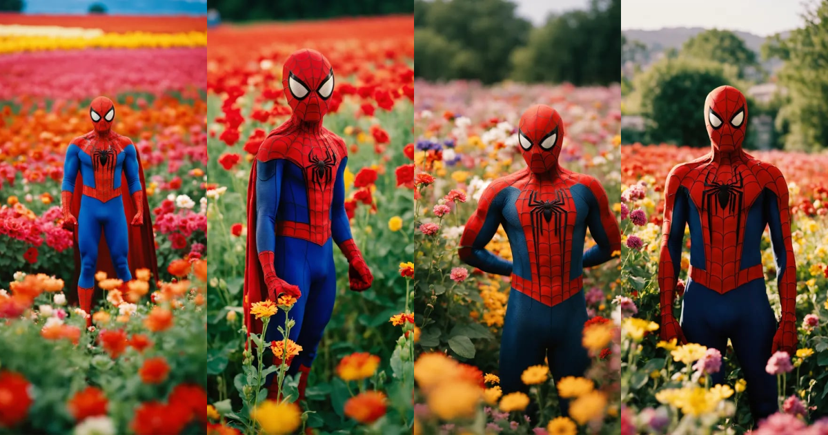 Lexica - Happy Spider-Man standing in a beautiful field of flowers ...