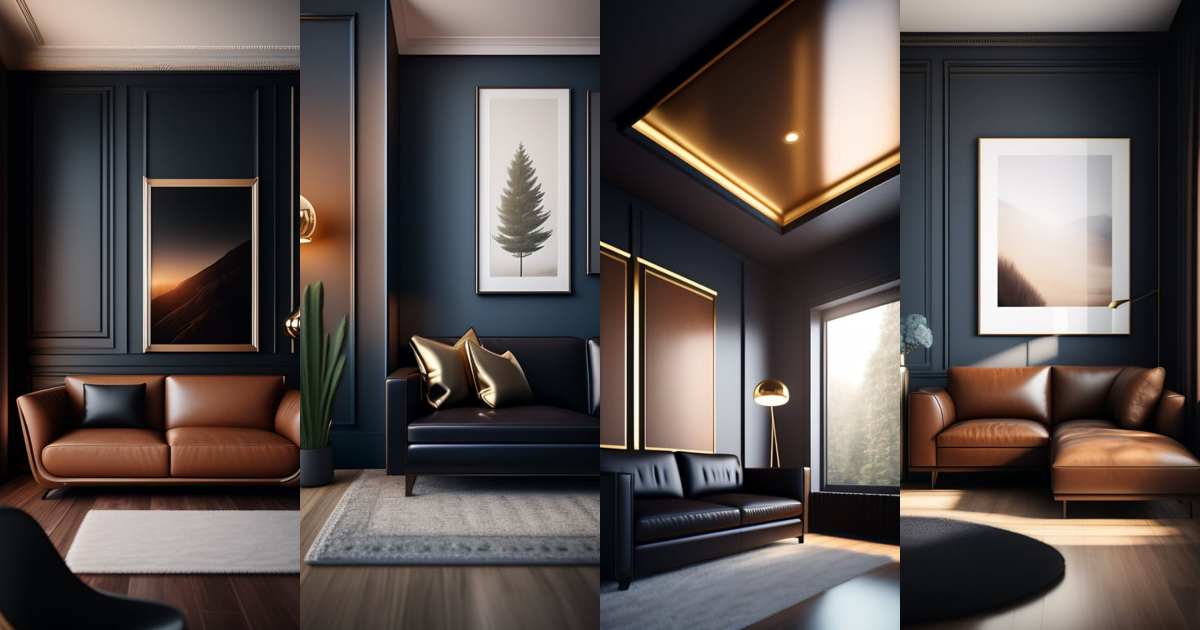 Lexica - Room with dark wall color and a leather couch, above a noble ...