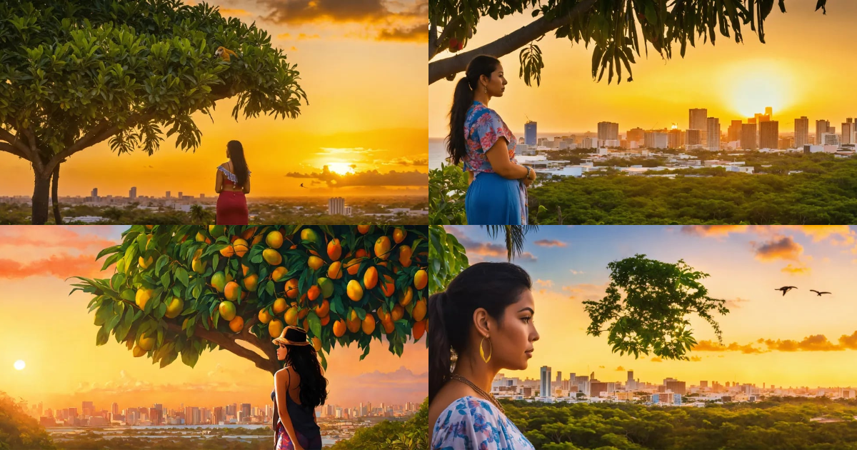 Lexica - A Puerto Rican woman standing by a mango tree. Behind her is a ...