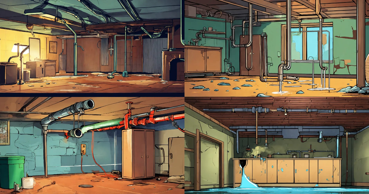 Lexica - A broken pipe at a ceiling insinde of a basement is leaking ...