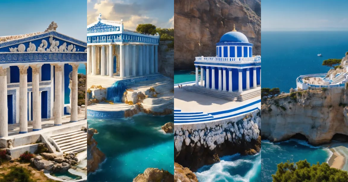 Lexica - A gigantic blue and white temple on a seaside cliff, dedicated ...