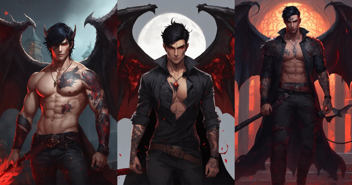 Lexica - A handsome half demon man with huge bat wings, red eyes and ...