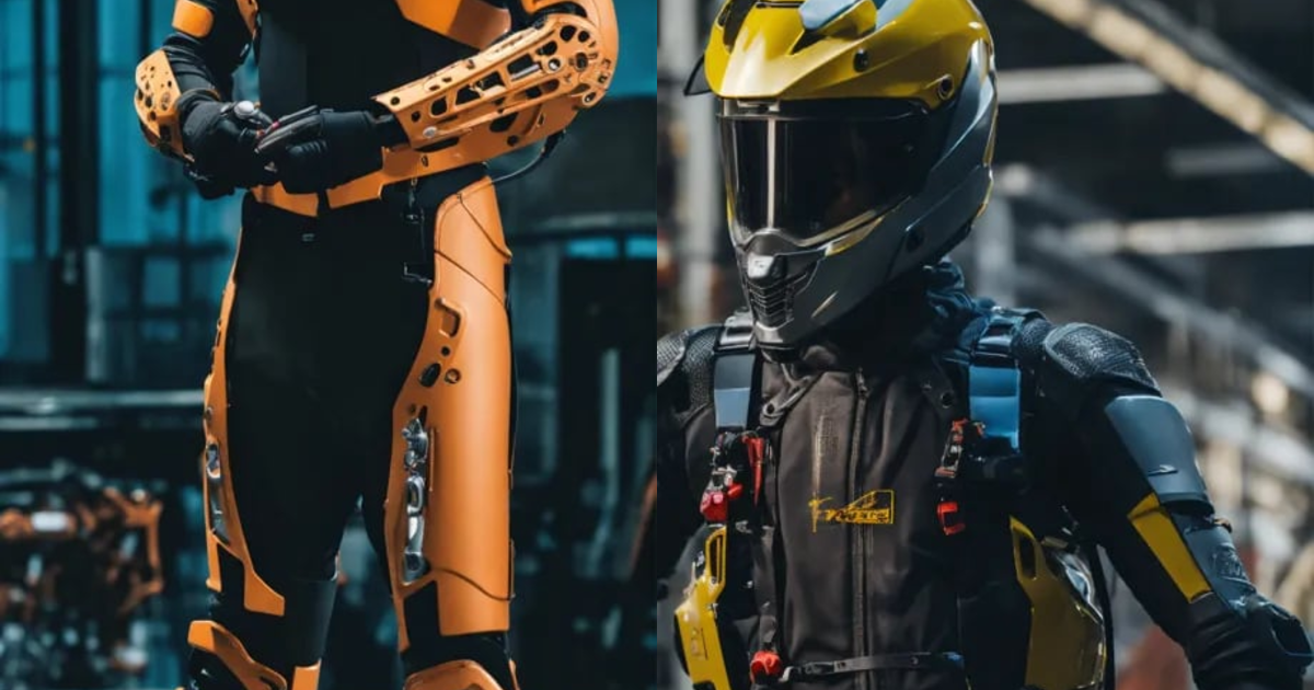 Lexica - An exoskeleton in an industrial factory, moto bike, 8k.