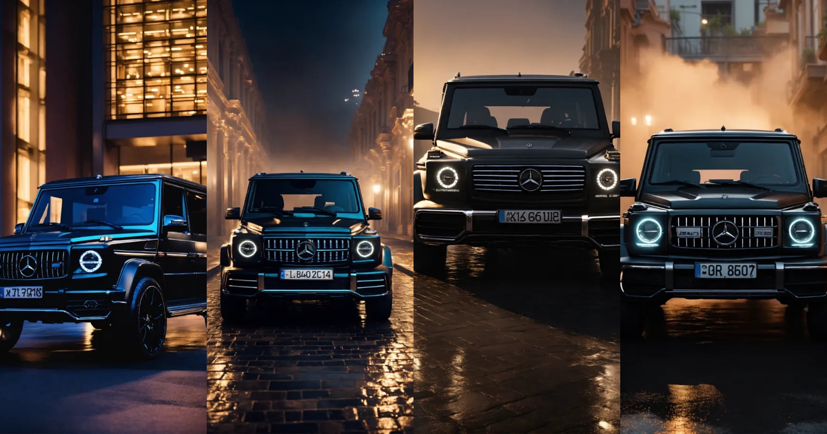 Lexica - 10 black Mercedes 1 g wagon, mood lighting, wide front shot ...