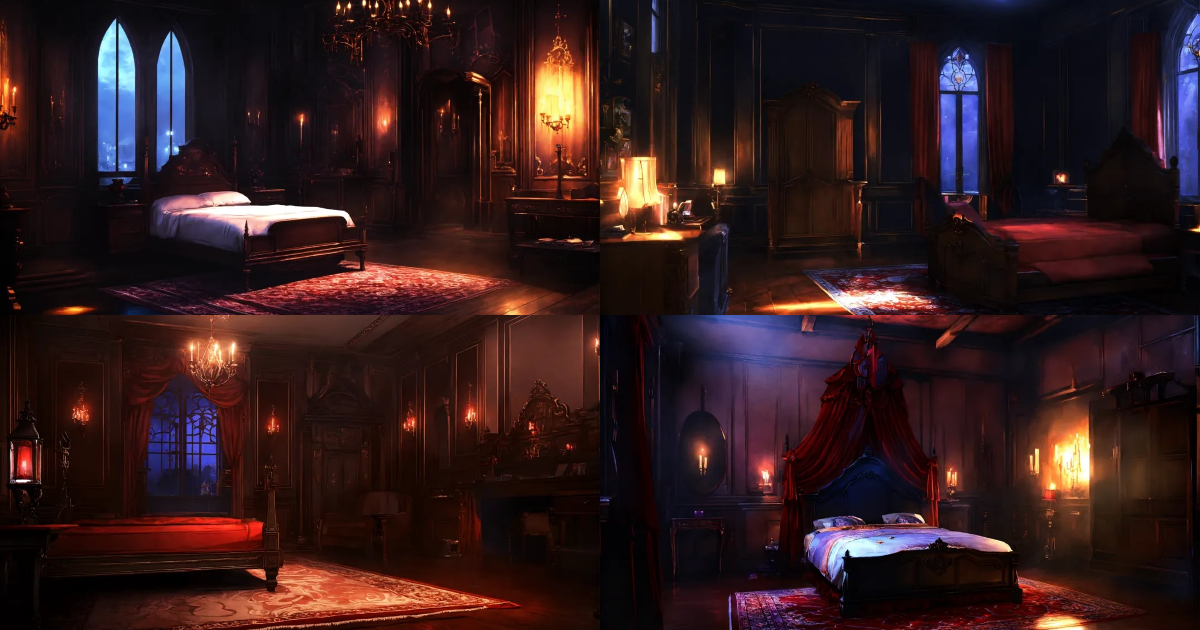 Lexica - Bedroom, vampire castle interior, black night, gloomy, cg visual novel