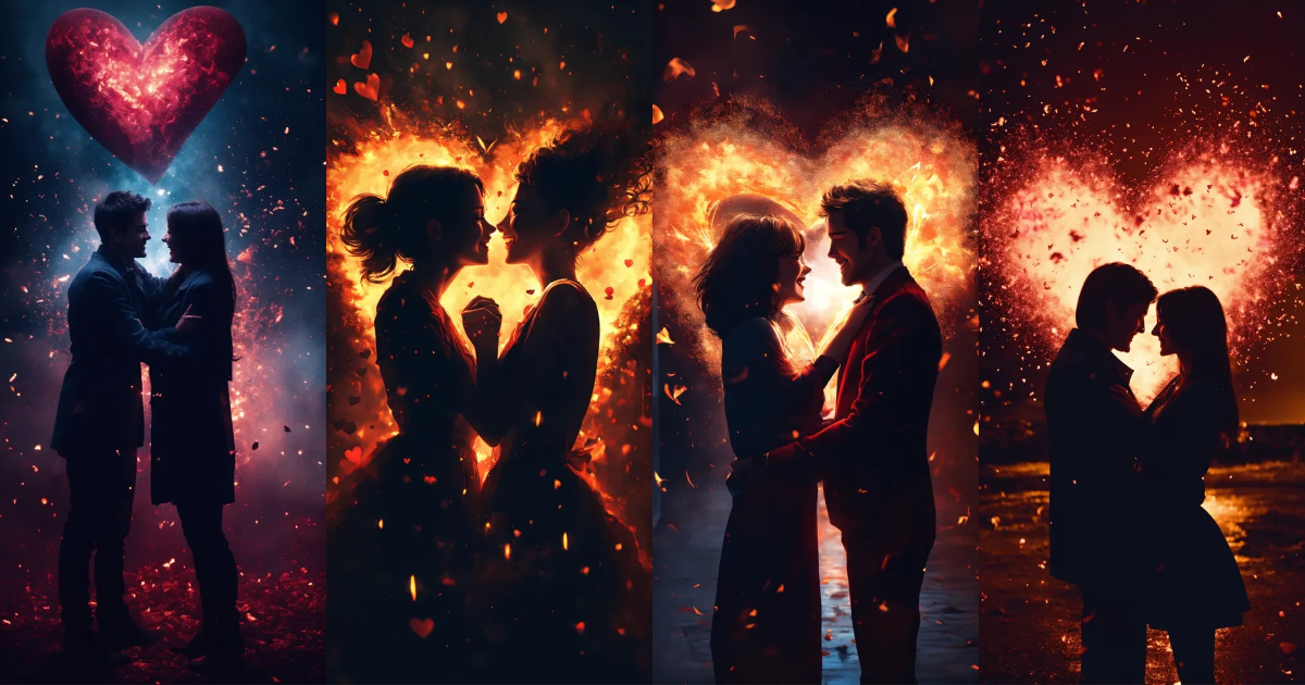 Lexica - Two exploding heart, happiness, dark ambiance, people hugging