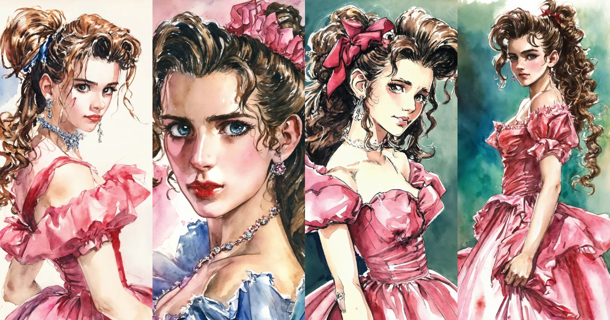 Lexica - Vintage Aerith as glamorous vintage prom queen, huge curly 80s ...