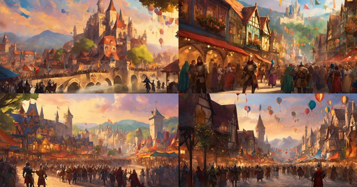 Lexica - In a vibrantly bustling medieval fantasy city, a diverse array ...