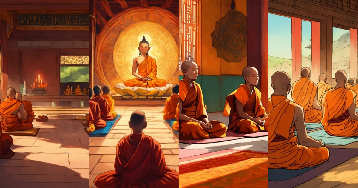 Lexica - A hand drawn painting of Buddhist monks engrossed in ...