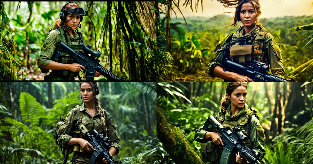 Lexica - Female commandos in jungle, perfect face, full camouflage, HDR ...