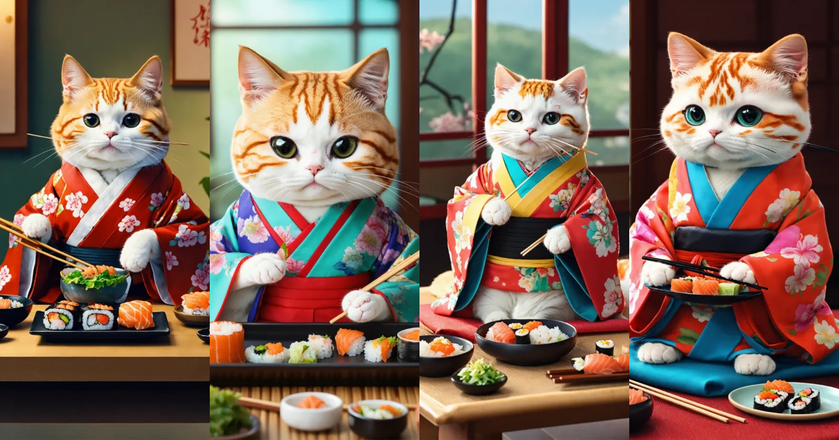 Lexica - A cute cat eating sushi with chopsticks, wearing a colorful ...