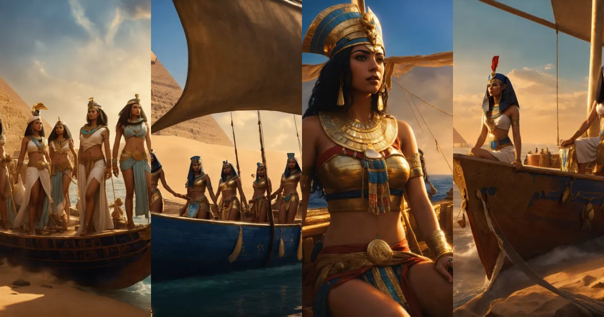 Lexica - An epic fantasy scene featuring beautiful Egyptian women as sailors on a Pharaon boat ...