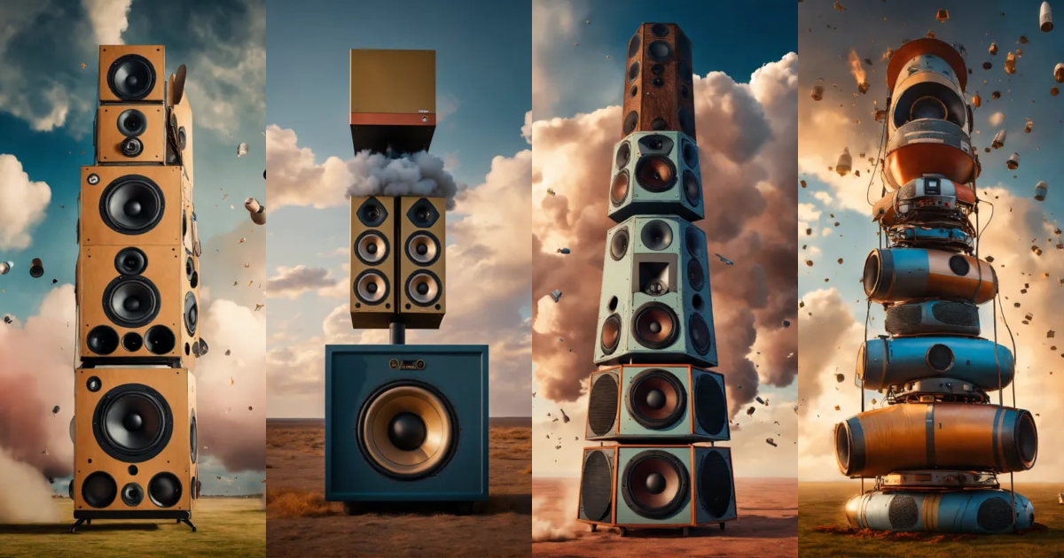 Lexica - Very tall stack of speakers taking off like a rocket, rocket ...