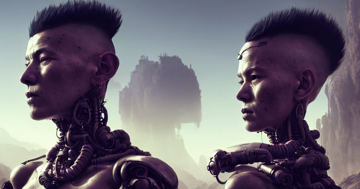 Lexica - Meditating monk with mohawk and tattoo on face and cybernetic ...
