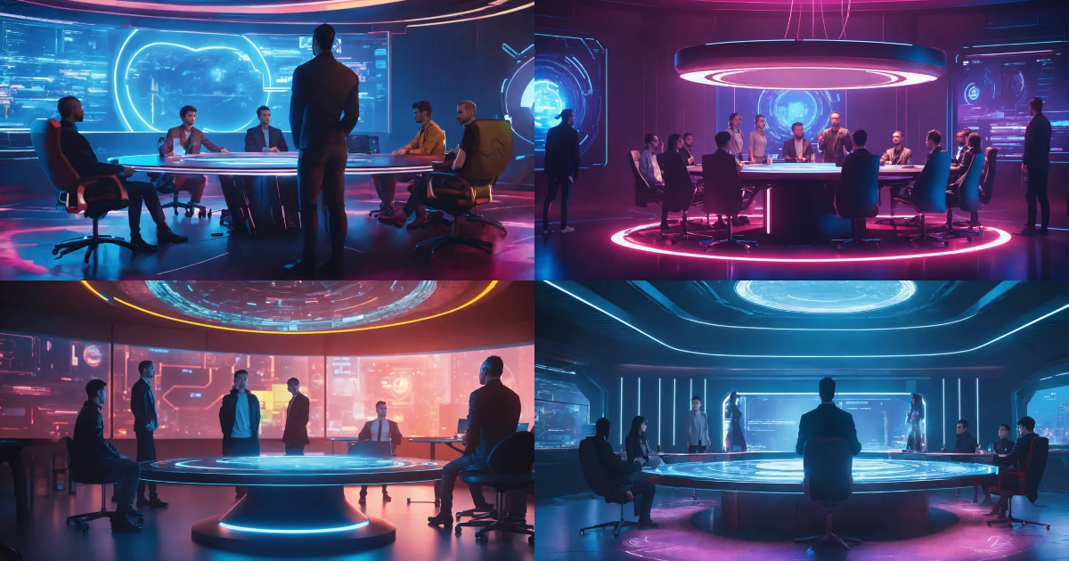 Lexica - Futuristic meeting room, round cyber table, people siting, one ...