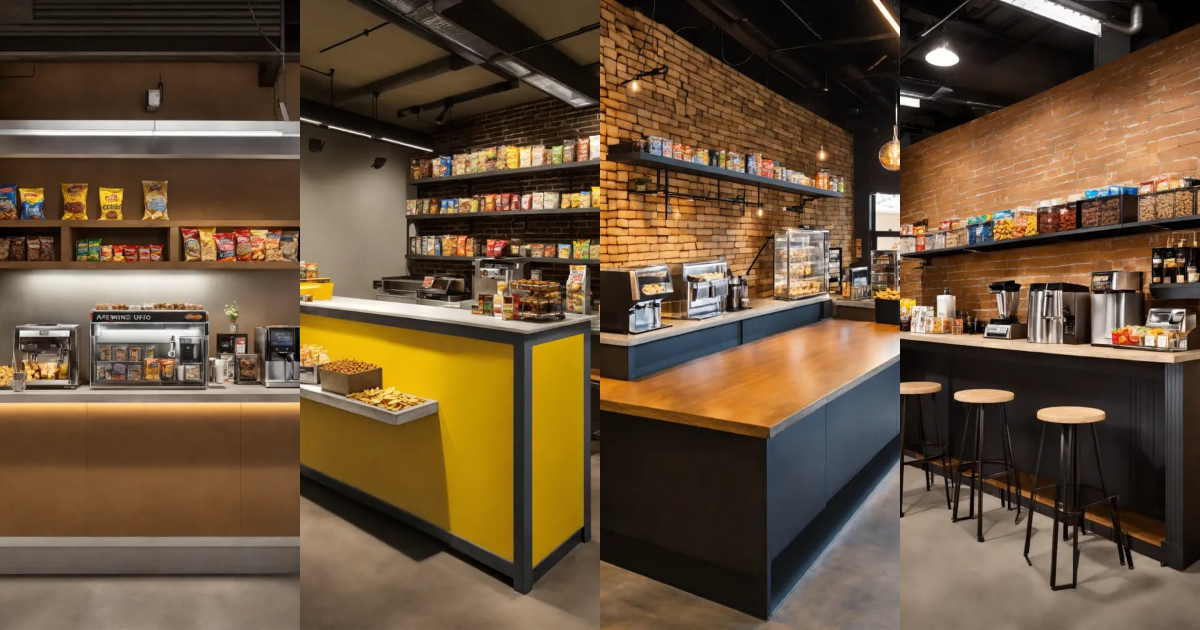 Lexica - A self serve breakroom snack bar with snacks on an easy to reach shelf for employees to ...