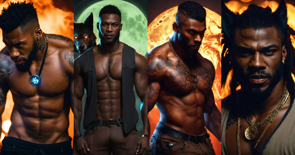 Lexica - Handsome black man, dark skinned, werewolf glowing eyes, fangs ...