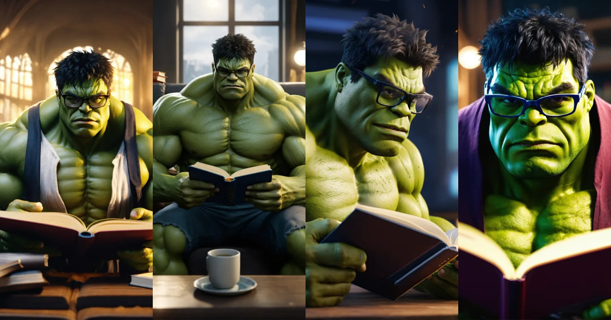 Lexica - Hulk wearing glasses reading a book, unreal engine render, 8k