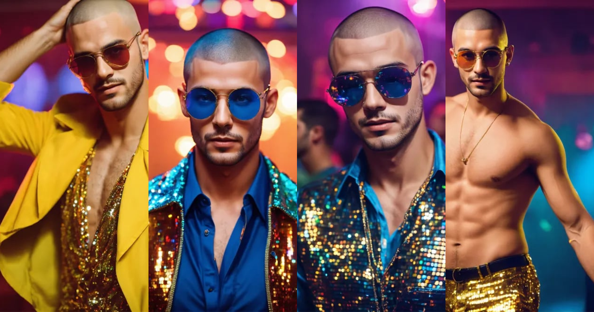 Lexica - Cute man, style disco dancer, eyes visible, dancing, buzz cut