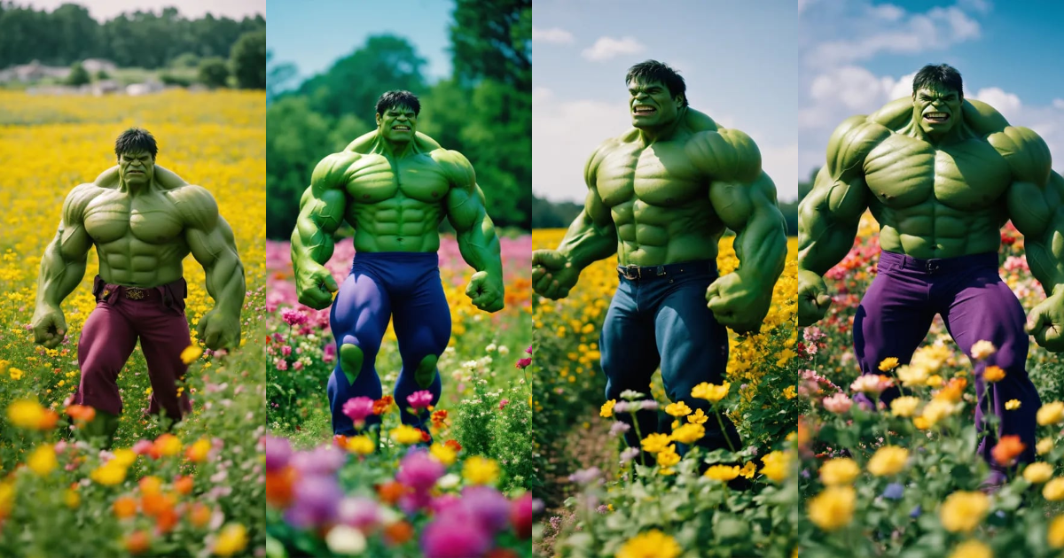 Lexica - Happy Hulk standing in a beautiful field of flowers, colorful ...