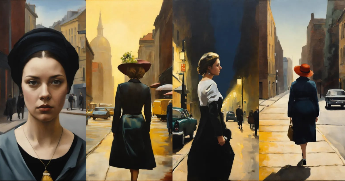 Lexica - Woman walking in the street in oil painting style charles ...