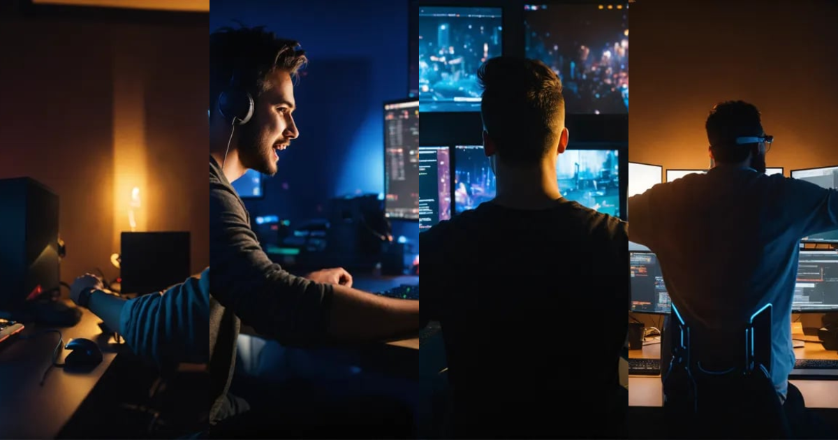 Lexica - A programmer cheering at his desk, surrounded by PC monitors ...