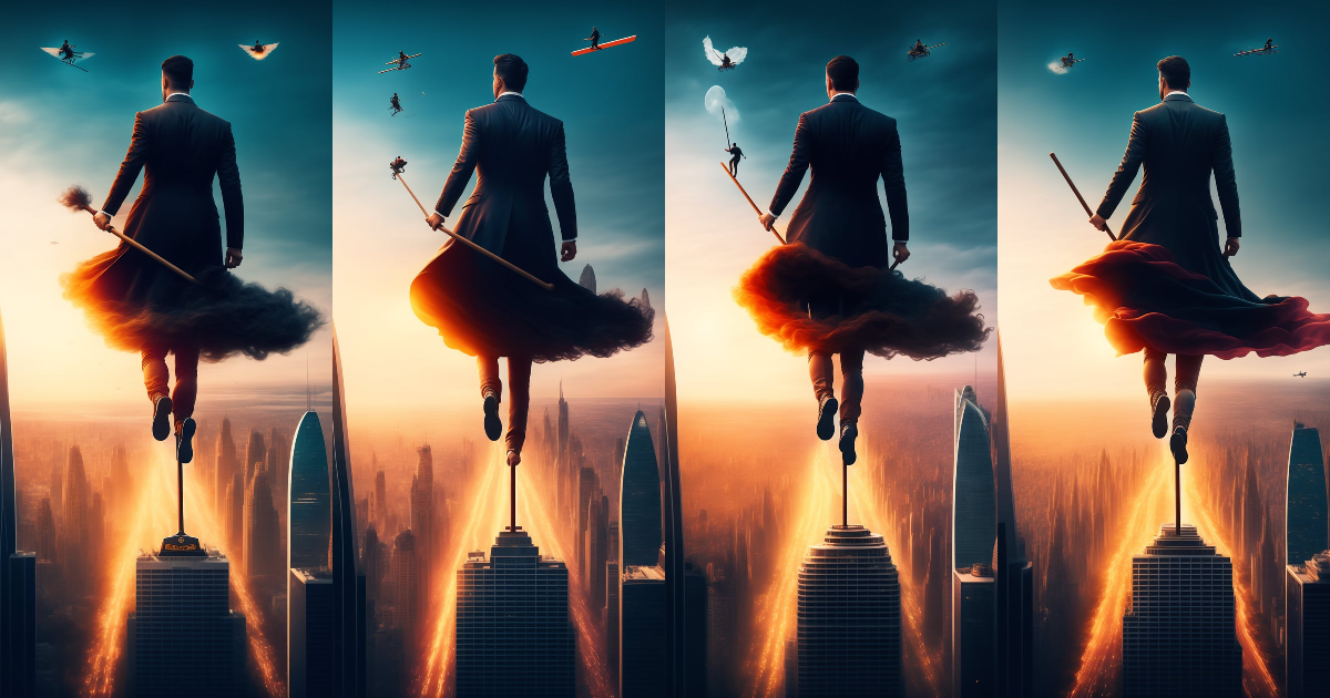 Lexica - Man riding a broomstick over the city flying