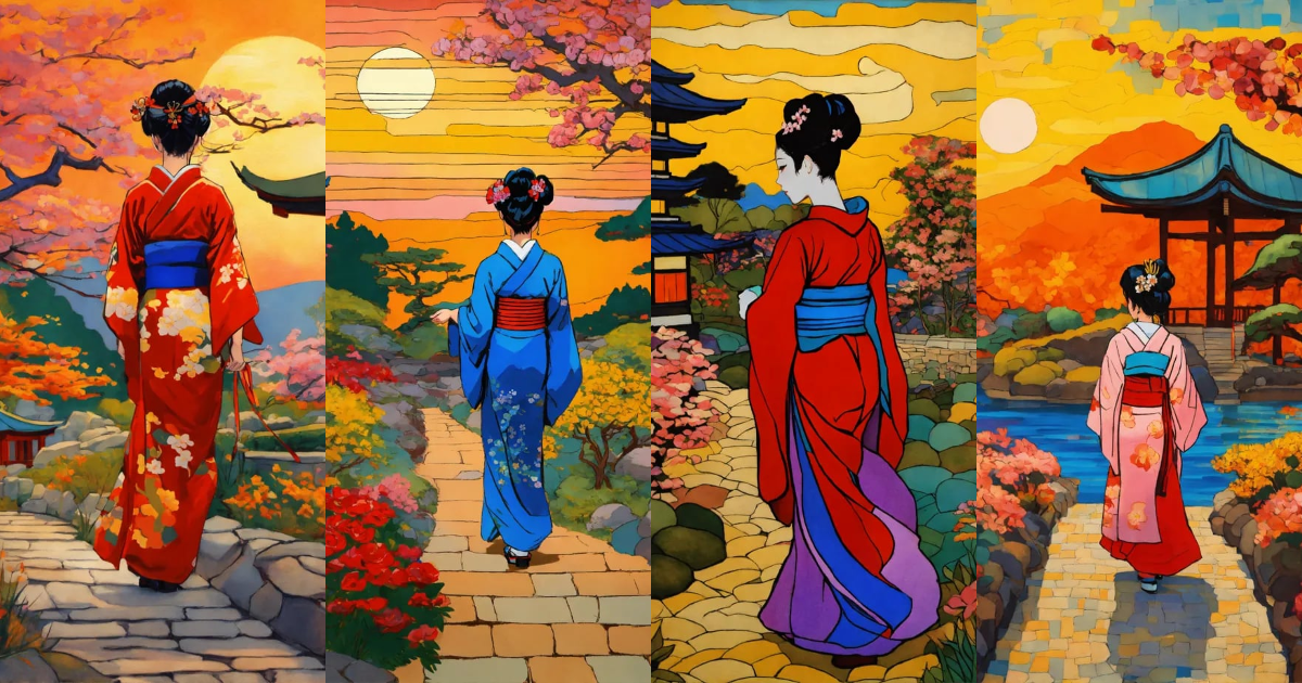 Lexica - Drawing of a geisha walking at sunset through a Japanese ...