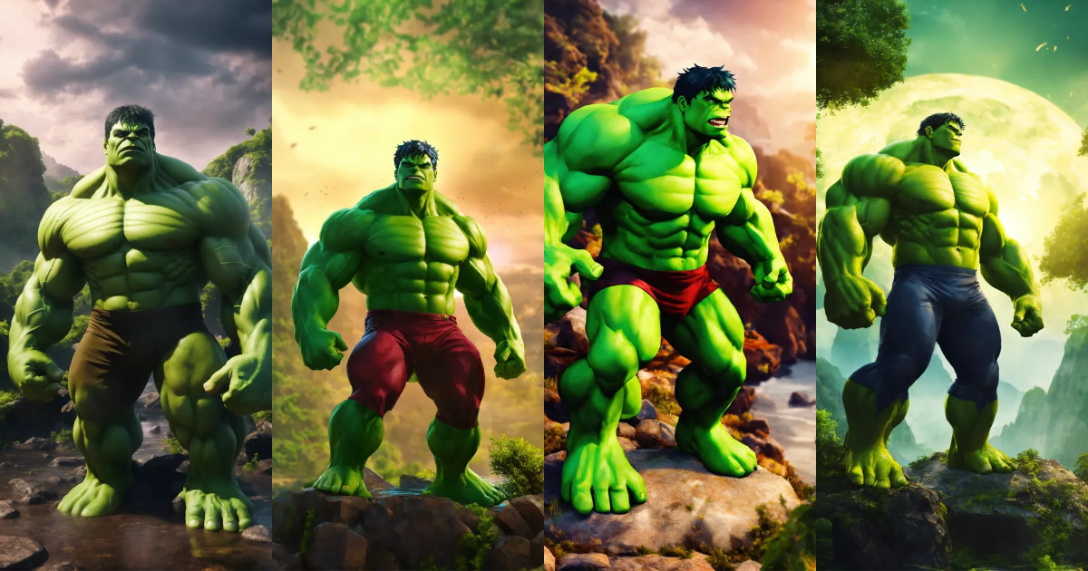 Lexica - Few Hulk In Multiverse, nature background, 2D render