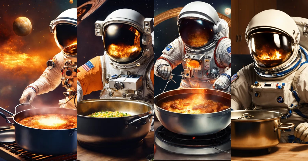 Lexica - Astronaut, cooking in pan, realistic