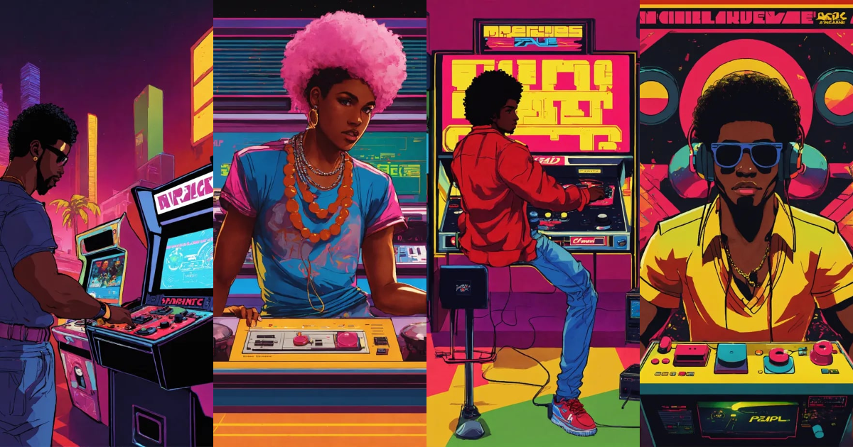 Lexica - 80s arcade black characters using mpc to make music album covers