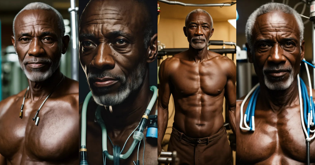 Lexica - A close-up of a slender muscular dark-skinned old Nubian man hooked up to a machine ...