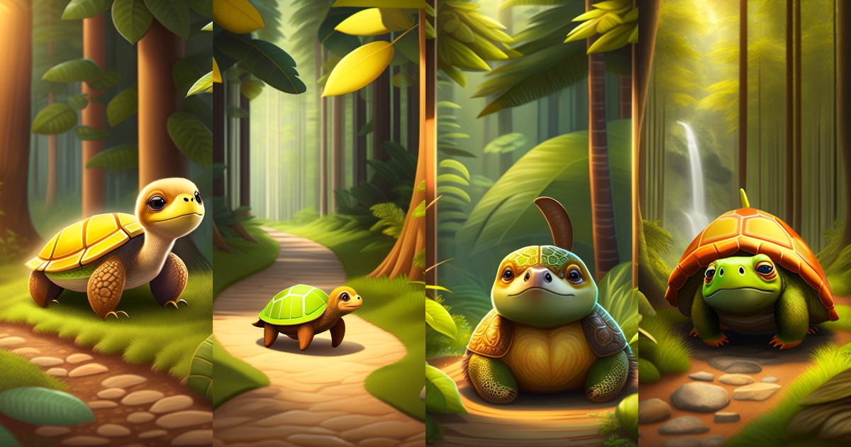 Lexica - Turtle and sloth, forest, path. cartoon.