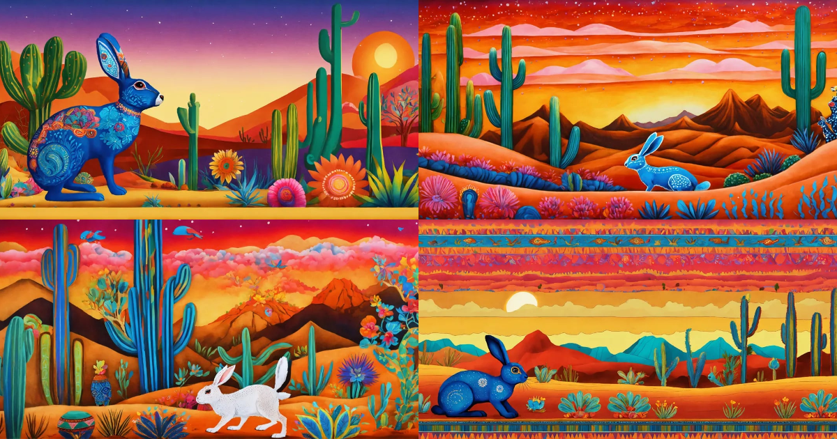 Lexica - Desert landscape with desert rabbit in alebrije Mexican folk ...