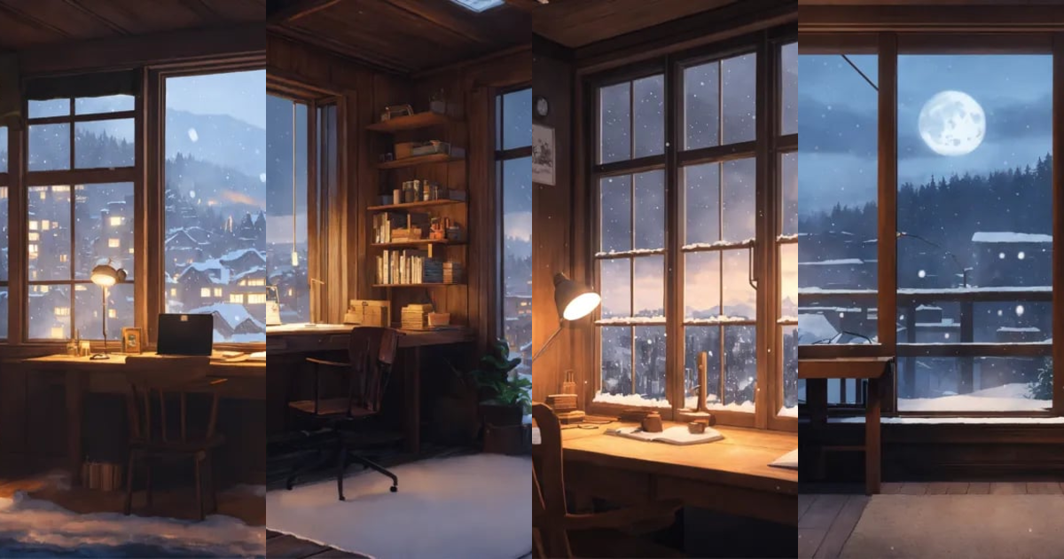 Lexica - Study room in forrest cabin, dark grey washed tints, studio ...