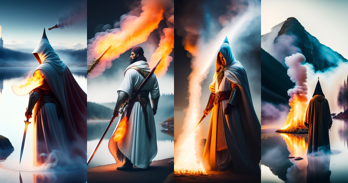 Lexica - Wizard with white robe and sword fire near river
