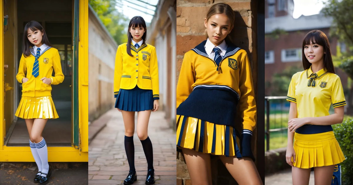 Lexica - Girl in glossy yellow school uniform miniskirt
