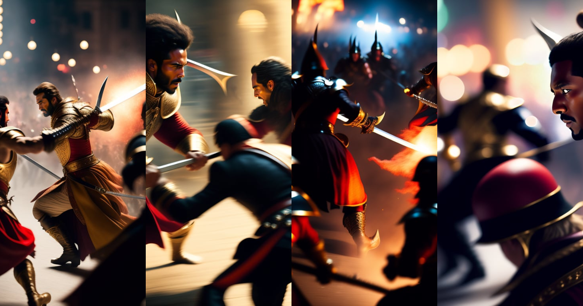 Lexica - Extreme motion blur, crowded action scene, sword fight, movie set