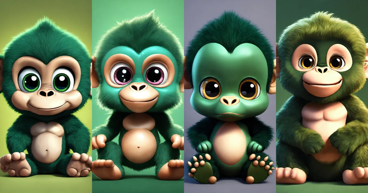 Lexica - A cute baby dark green gorilla with big eyes, animated ...