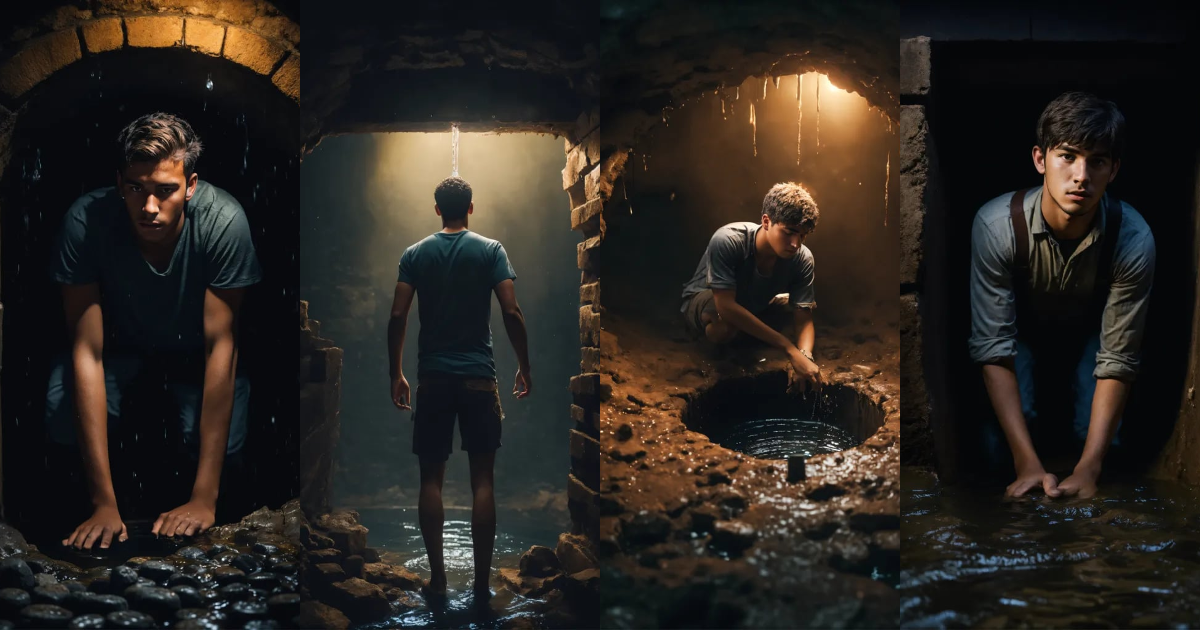 Lexica - A young man failing to get out of a deep well, dark theme ...