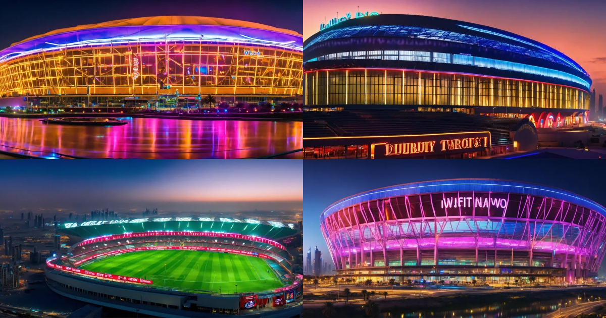 Lexica - Stadium name WOFO neon lights dubai city stadium name WOFO ...