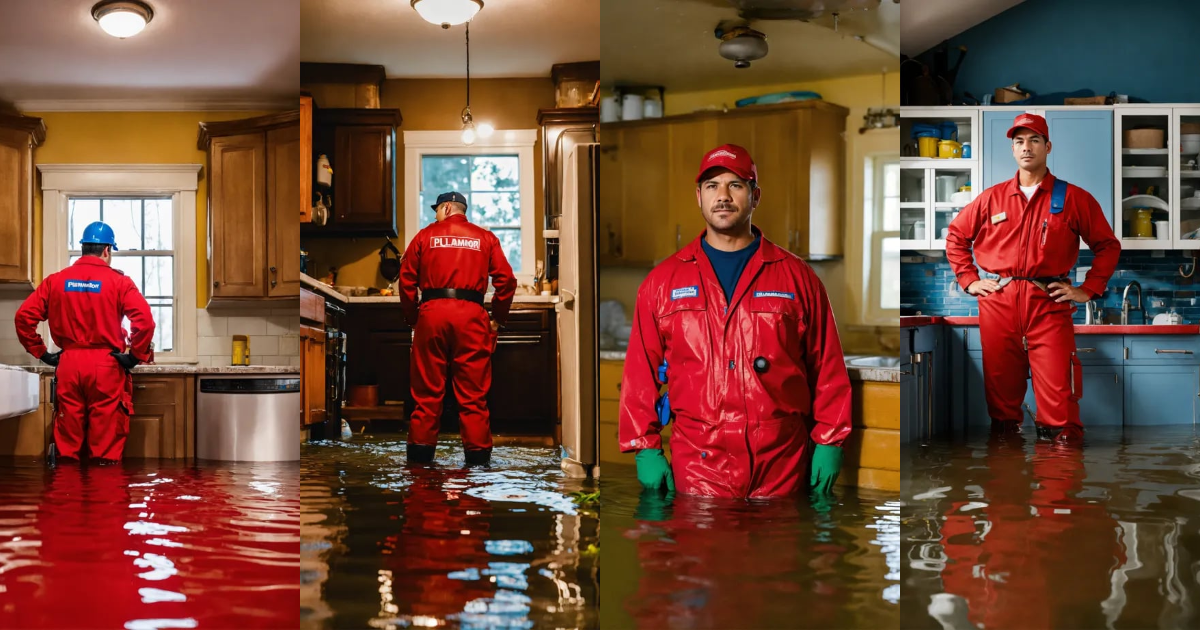 Lexica - A plumber in a red outfit stands inside a flooded kitchen.