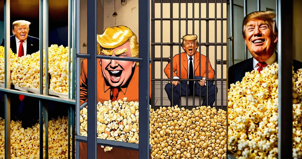 Lexica - Donald Trump in jail cell full of popcorn while guard laugh at ...