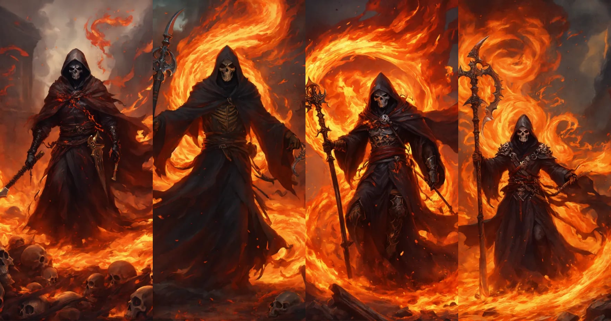 Lexica - Attacking grim reaper with flaming scythe, tattered flowing ...