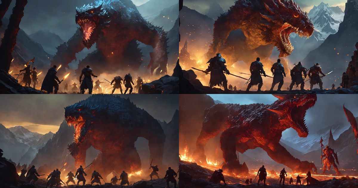 Lexica - Giant humans fighting giant humanoids with jagged teeth that ...